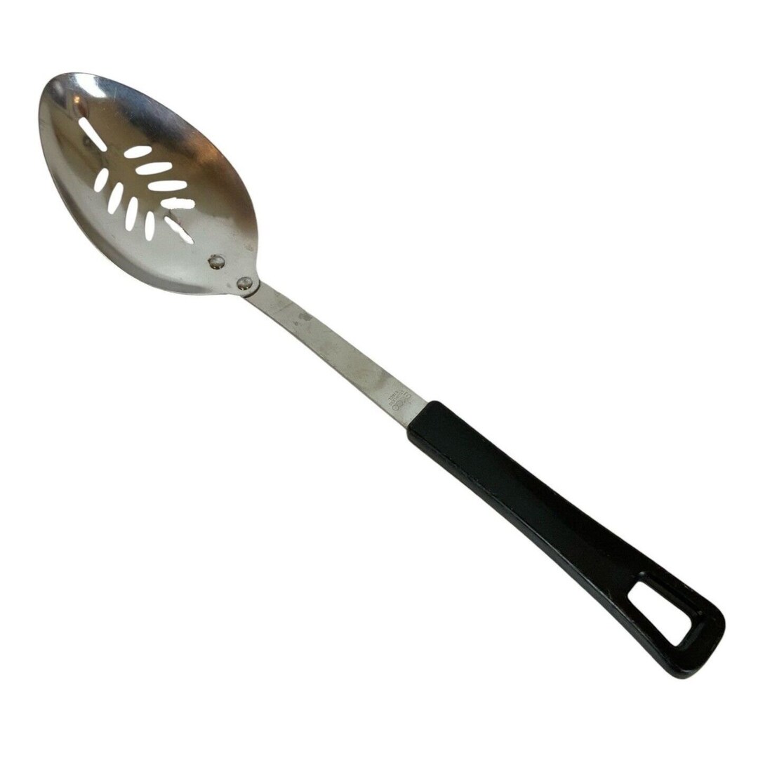 Ekco Stainless Steel Cooking Serving Slotted Spoon Black Nylon Handle Japan Vtg - Etsy