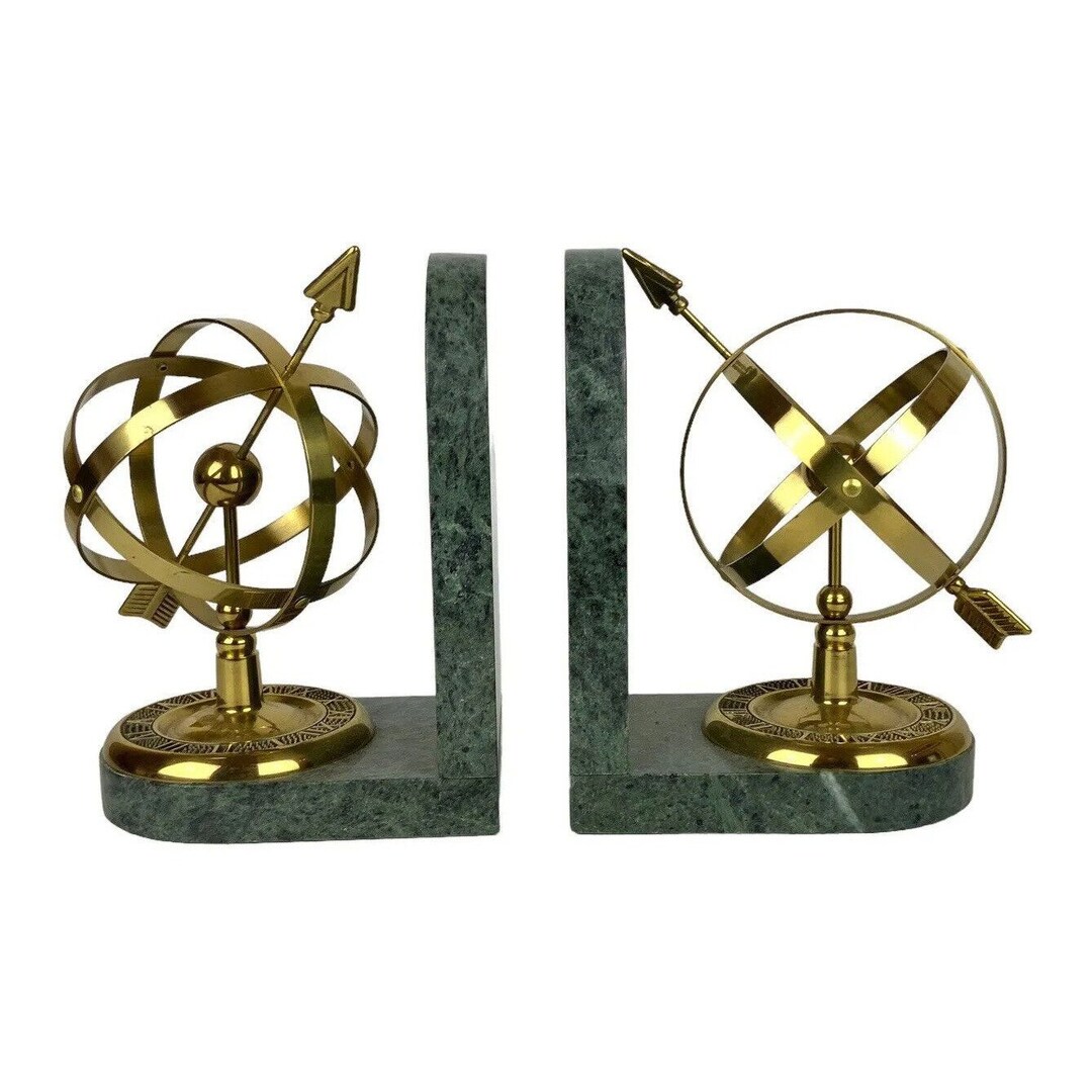 Brass Green Marble Sundial Armillary Sphere Bookends Library Nautical ...