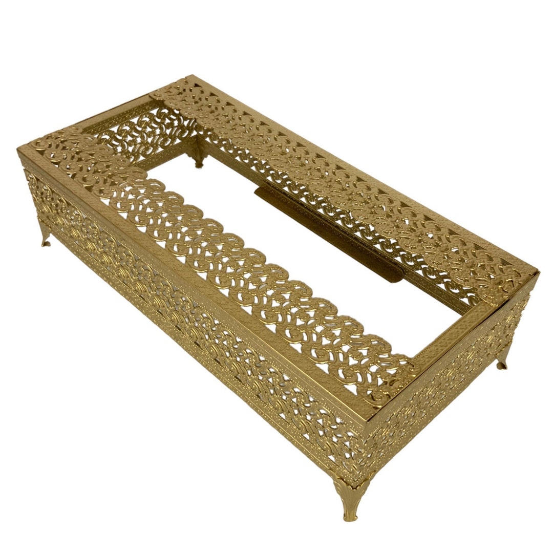 Gold Gilt Metal Filigree Tissue Box Holder Rectangular Footed Hollywood ...