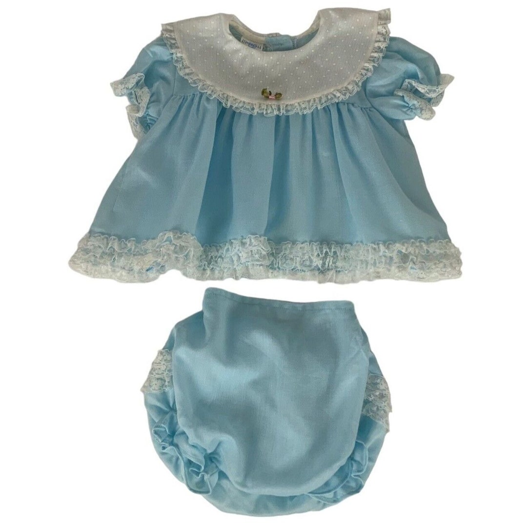 Mini World Baby Girl Dress Bloomers 3-6 Mos Blue White Lace Trim ...