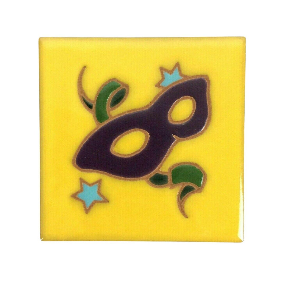 Mardi Gras Mask Ceramic Tile Trivet by CLP 1998 4x4 Yellow Purple Home ...