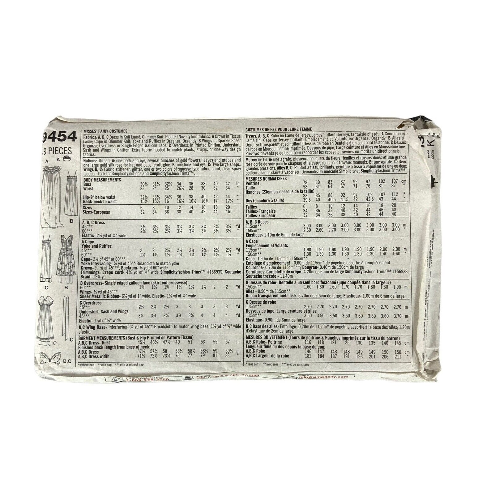 Simplicity 9454 Fairy Costume Sewing Pattern Womens Size 14-20 - Etsy