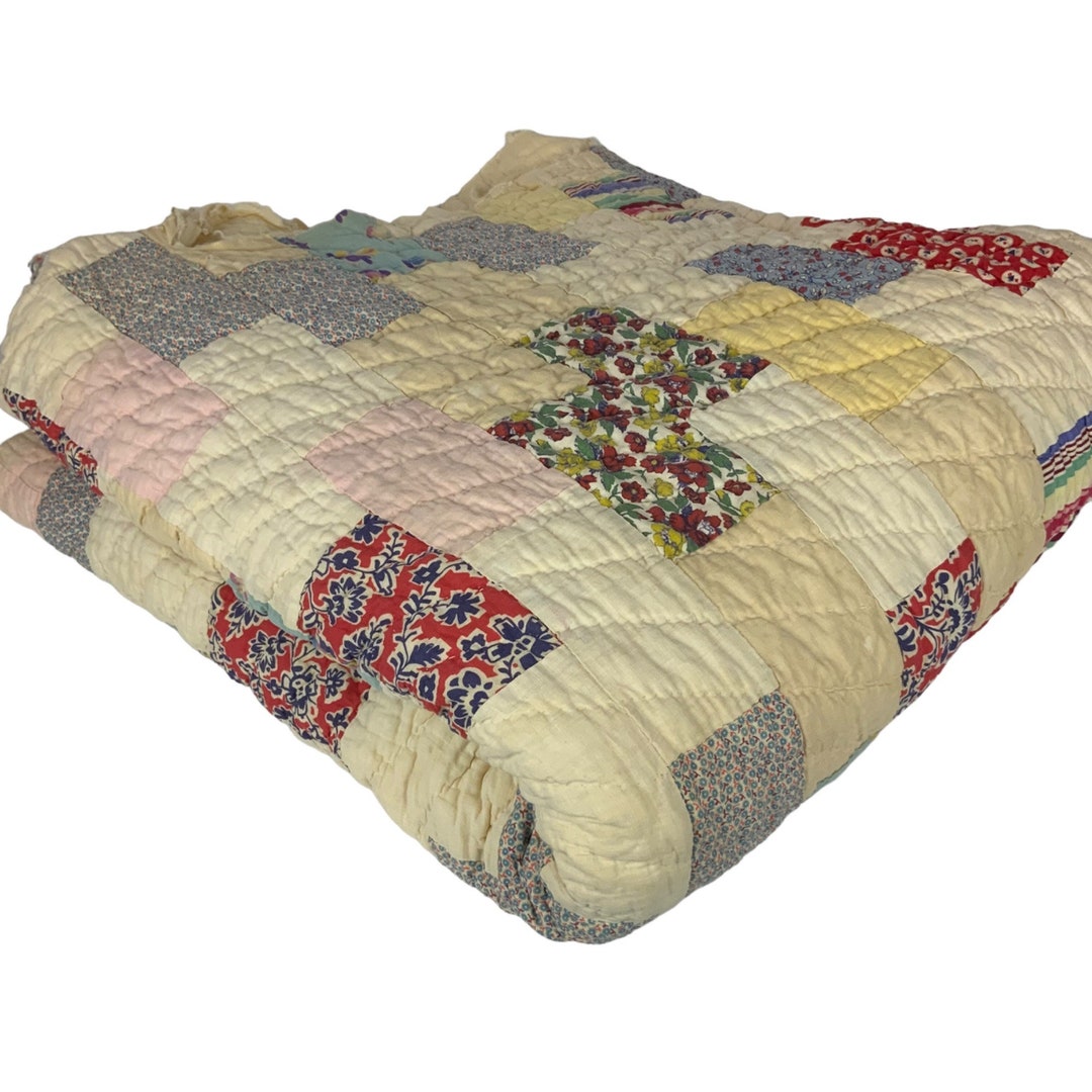 Tattered Hand Stitched Block Quilt Brickwork Feed Sack Patchwork Cutter ...