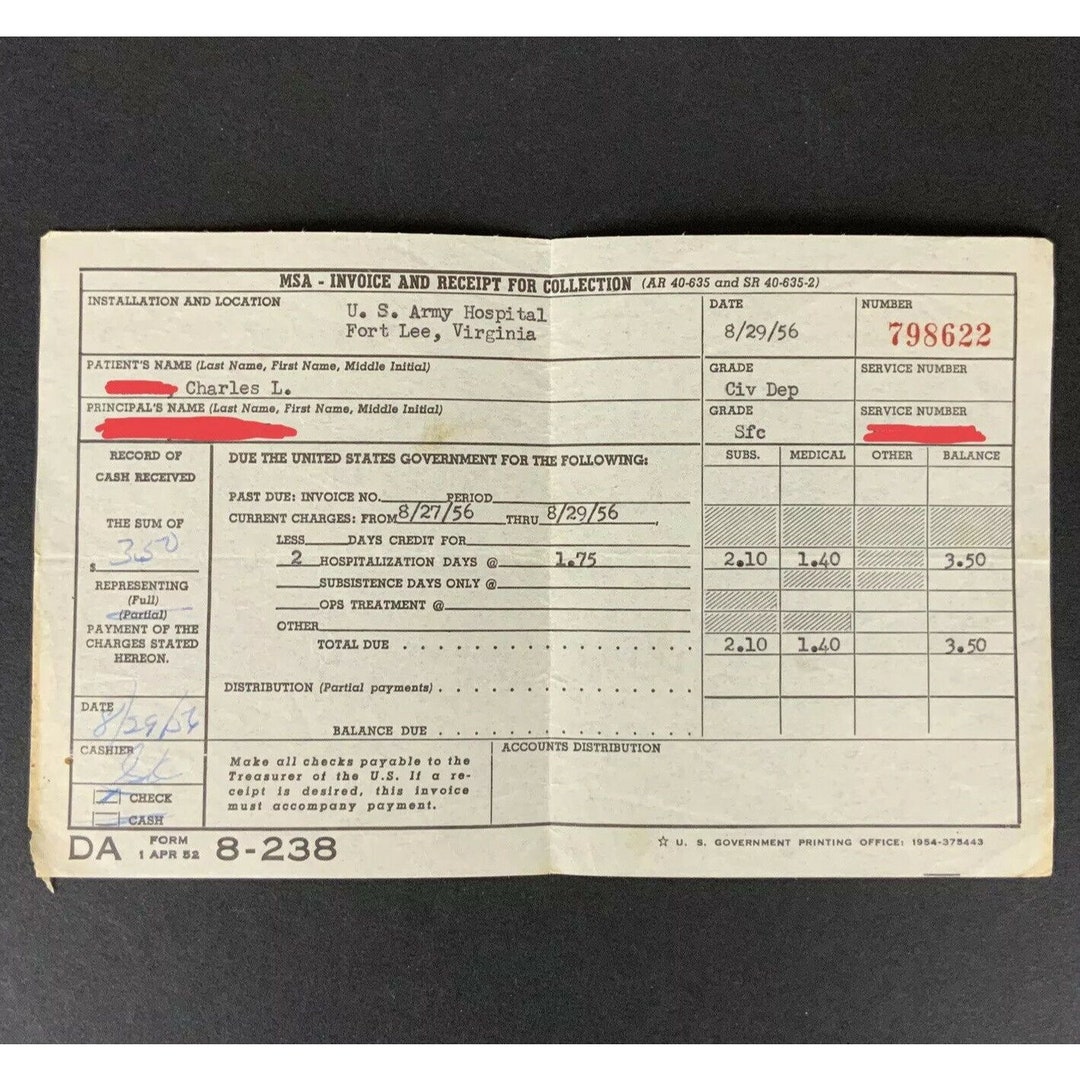 MSA Invoice and Receipt for Collection US Army Hospital Fort Lee VA ...