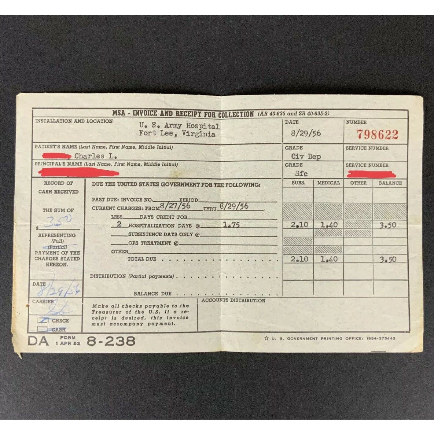 MSA Invoice and Receipt for Collection US Army Hospital Fort - Etsy Israel