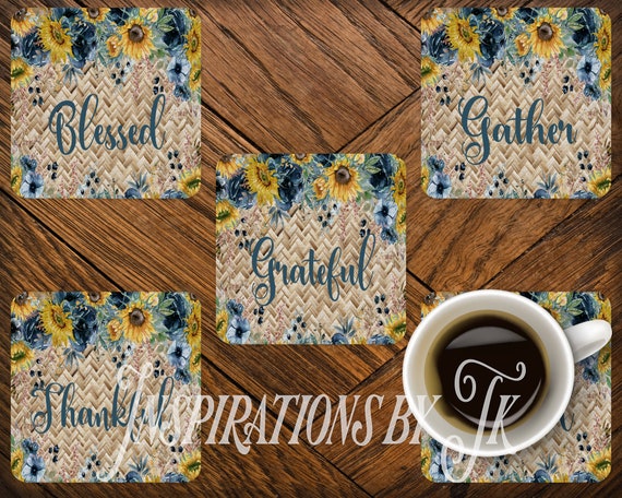 Sunflowers & Blue Square Coaster Design Set Set of 4 | Etsy