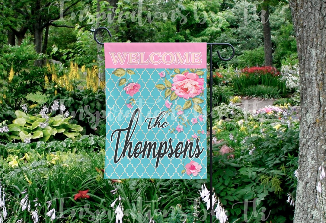 Spring Welcome Yard Sign, Pink Roses & Teal Quatrefoil, Sublimation ...
