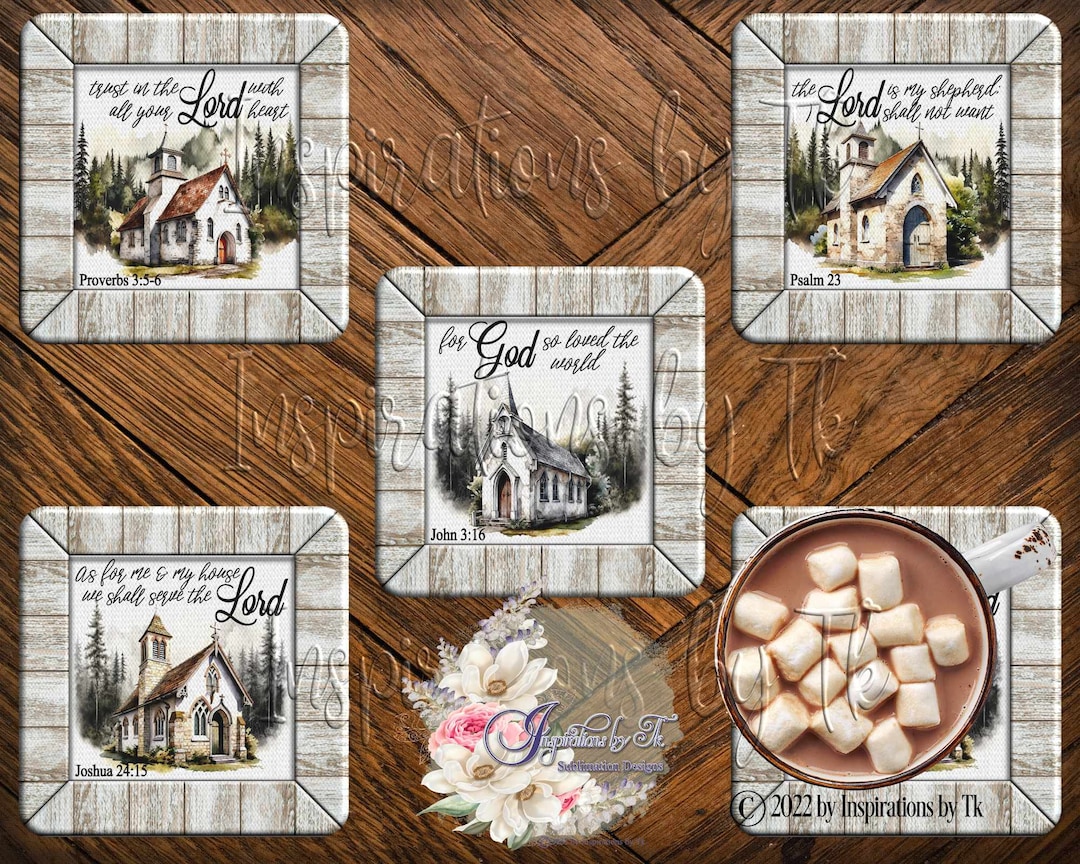 Country Churches With Scripture Square Coaster Design, Set of 4 ...