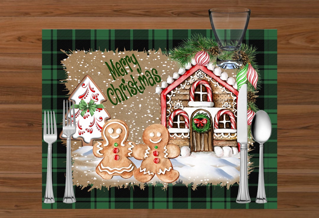 Gingerbread Scene With Green Buffalo Plaid Place Mat Design, Merry ...