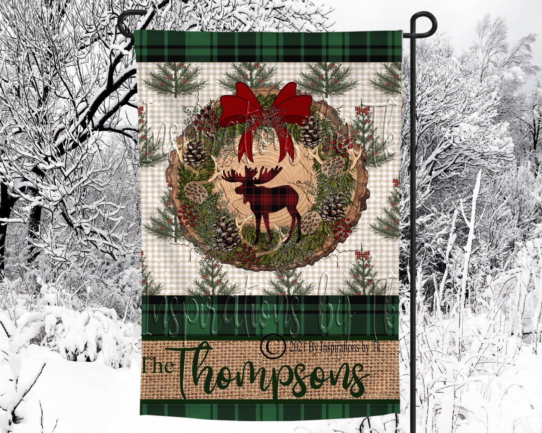 Dark Green Plaid & Moose Garden Flag Design, Moose Design, Christmas ...