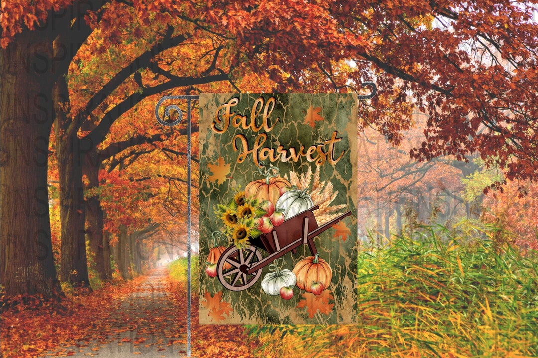 Fall Harvest Garden Flag, Thanksgiving Flag, Wheelbarrow & Pumpkins ...