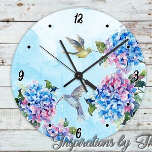 Hummingbirds & Hydrangea 12" Round Clock Face Design, Farmhouse Design ...