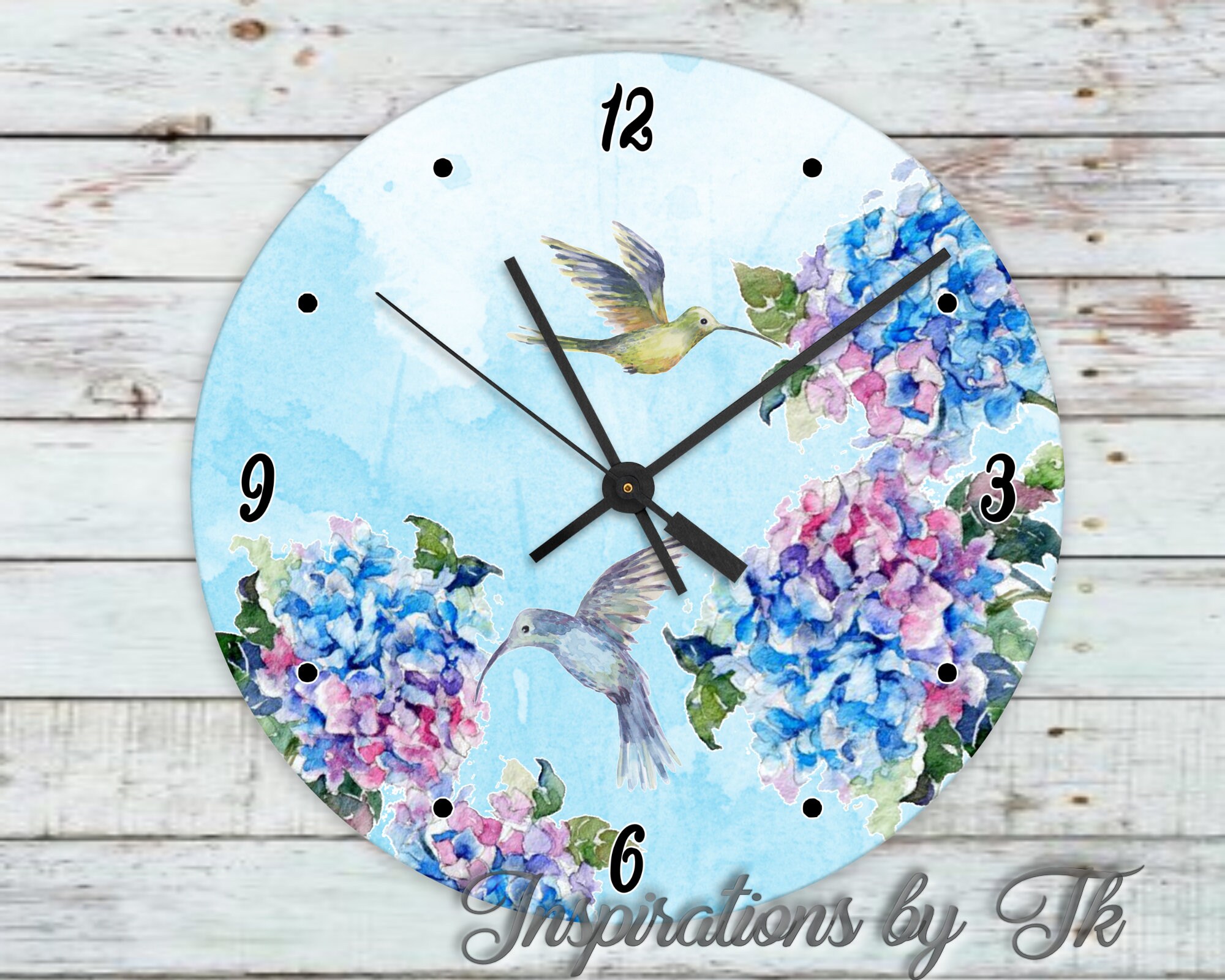 Hummingbirds & Hydrangea 12" Round Clock Face Design, Farmhouse Design ...