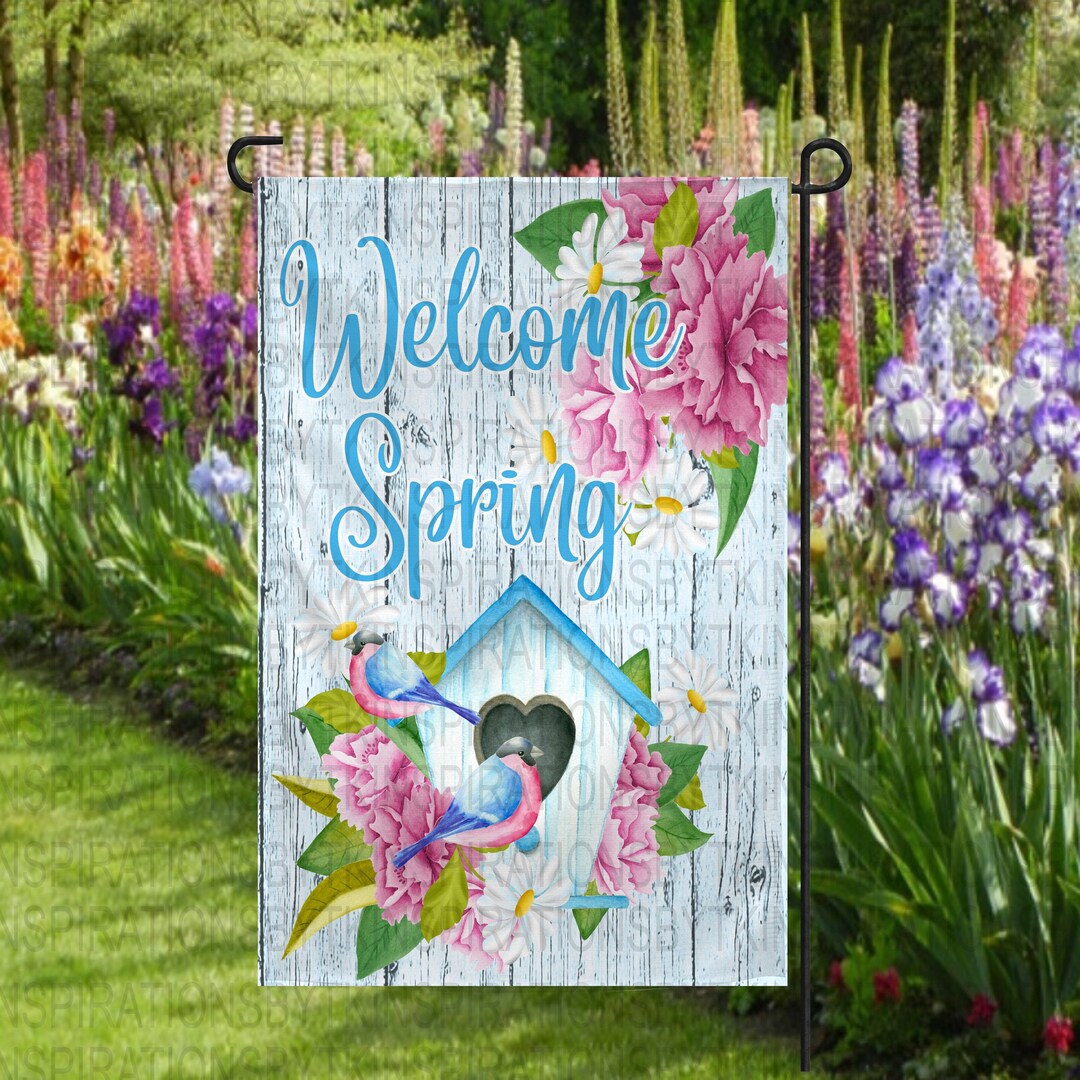 Welcome Spring Blue Birds Garden Flag Design, Bird House & Wood Design ...
