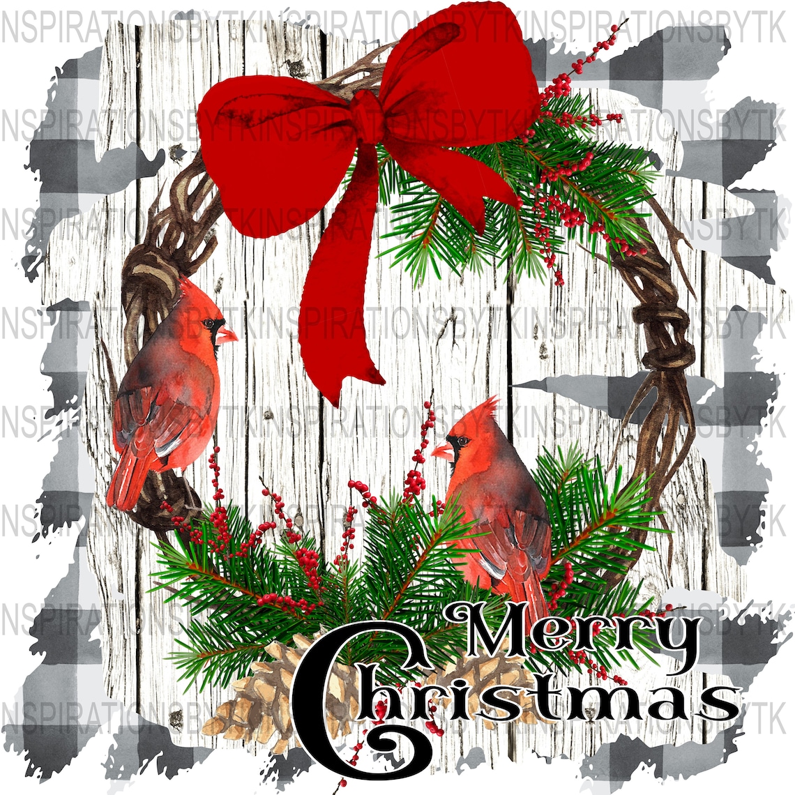 Red Birds & Wreath Merry Christmas Design Black Check - Etsy