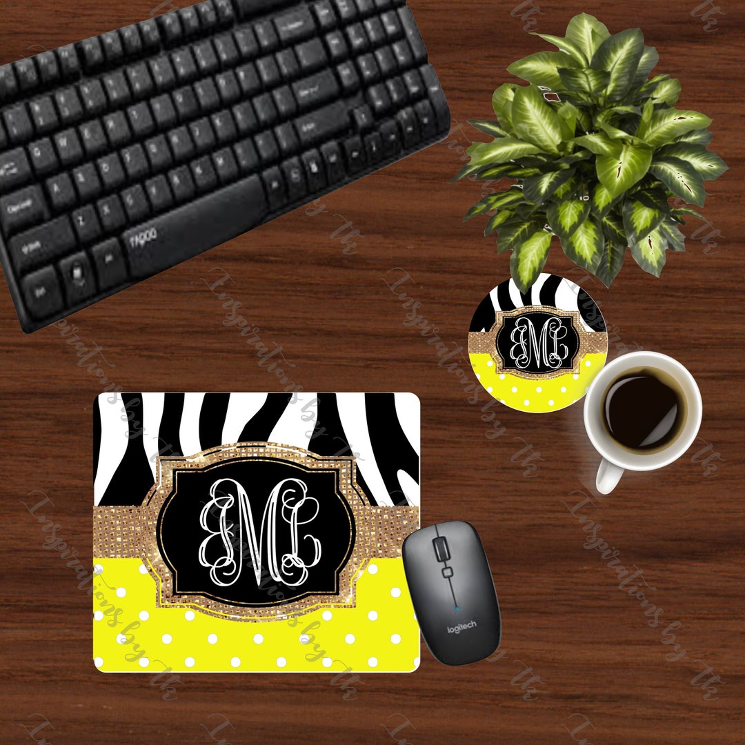 Neon Yellow & Black Zebra Print With Dots Mouse Pad and Coaster Design ...