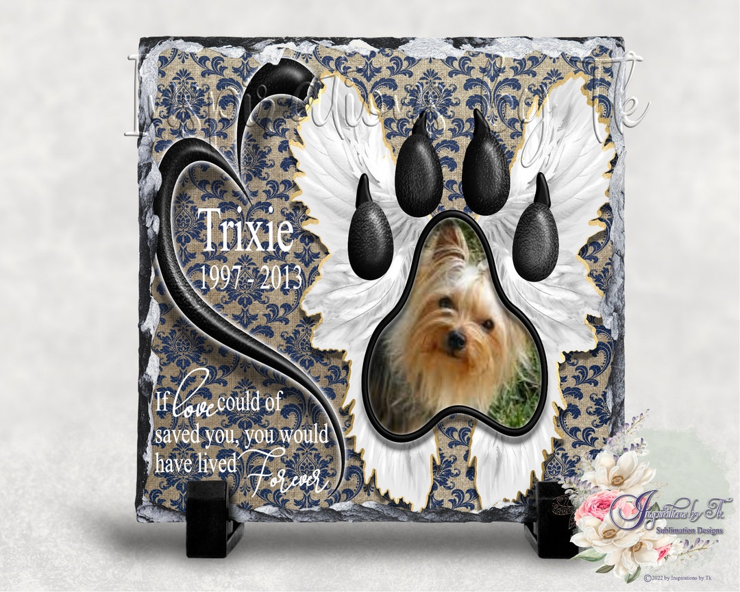 Pet Paw Print Memorial Slate Design, Blue Damask, 7.8x7.8 Beautiful ...