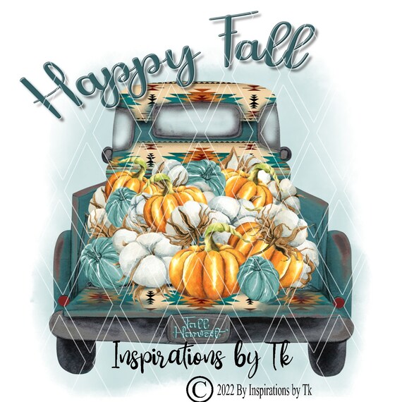 Happy Fall Teal Serape Truck & Pumpkin Design Old Truck - Etsy