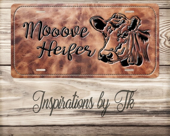 Stitched Leather & Embossed Cow Mooove Heifer License Plate | Etsy