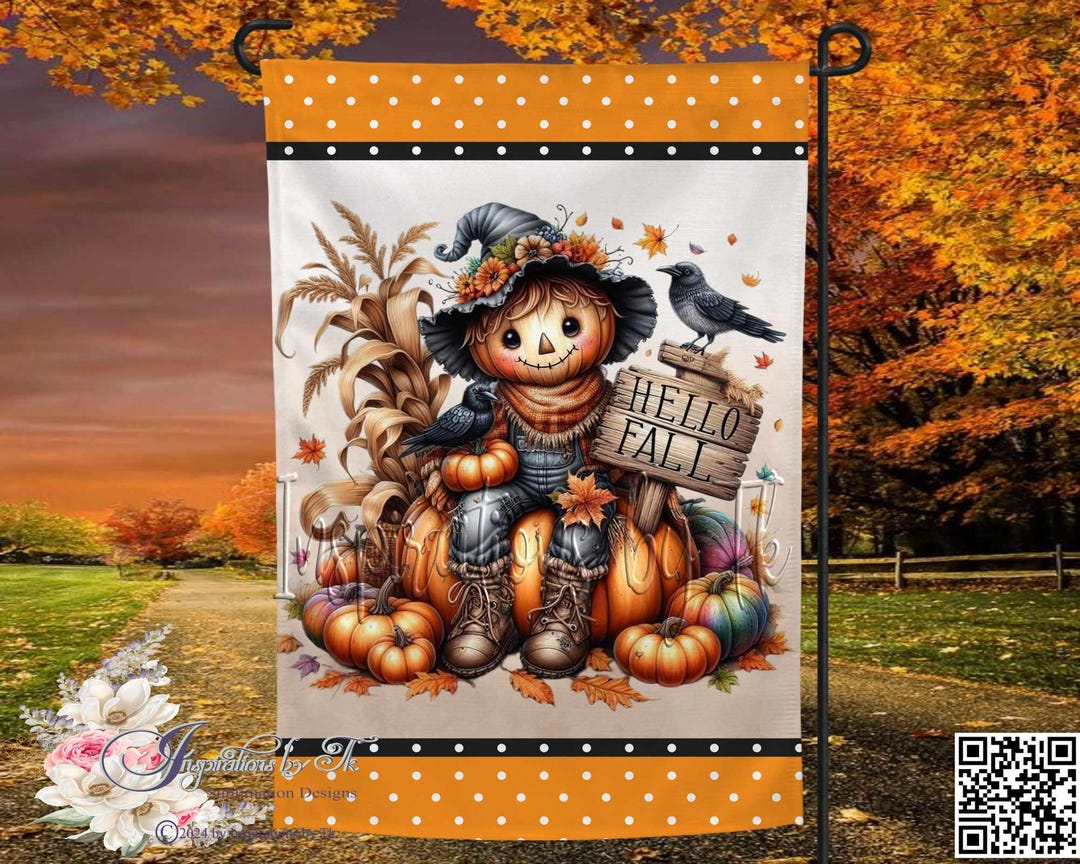 Hello Fall Scarecrow & Pumpkin Fall Garden Flag Design, Autumn/fall ...