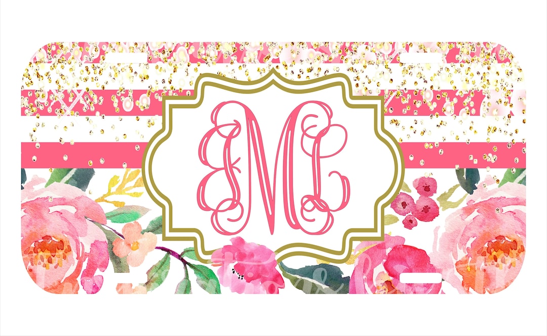 Pink Floral, Gold & Glitter License Plate Design, Classy, Monogram-able ...