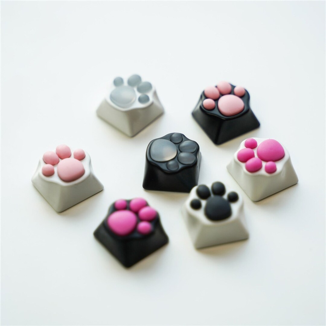 Cute Cat Keycaps, White and Pink Glitter Paw Keycap Set, Resin Artisan ...