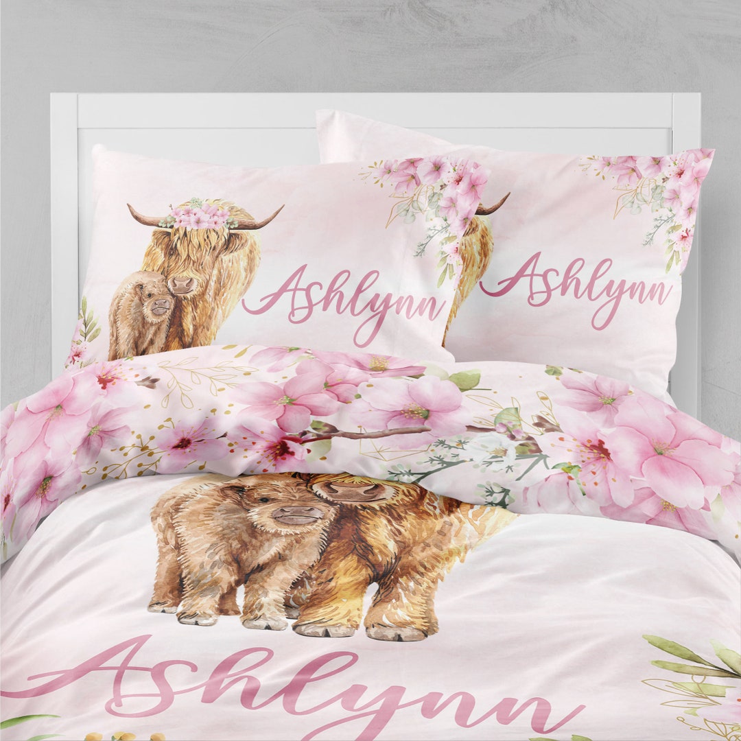Personalized Highland Cow Girl Bedding Set: Organic Cotton Duvet Cover ...