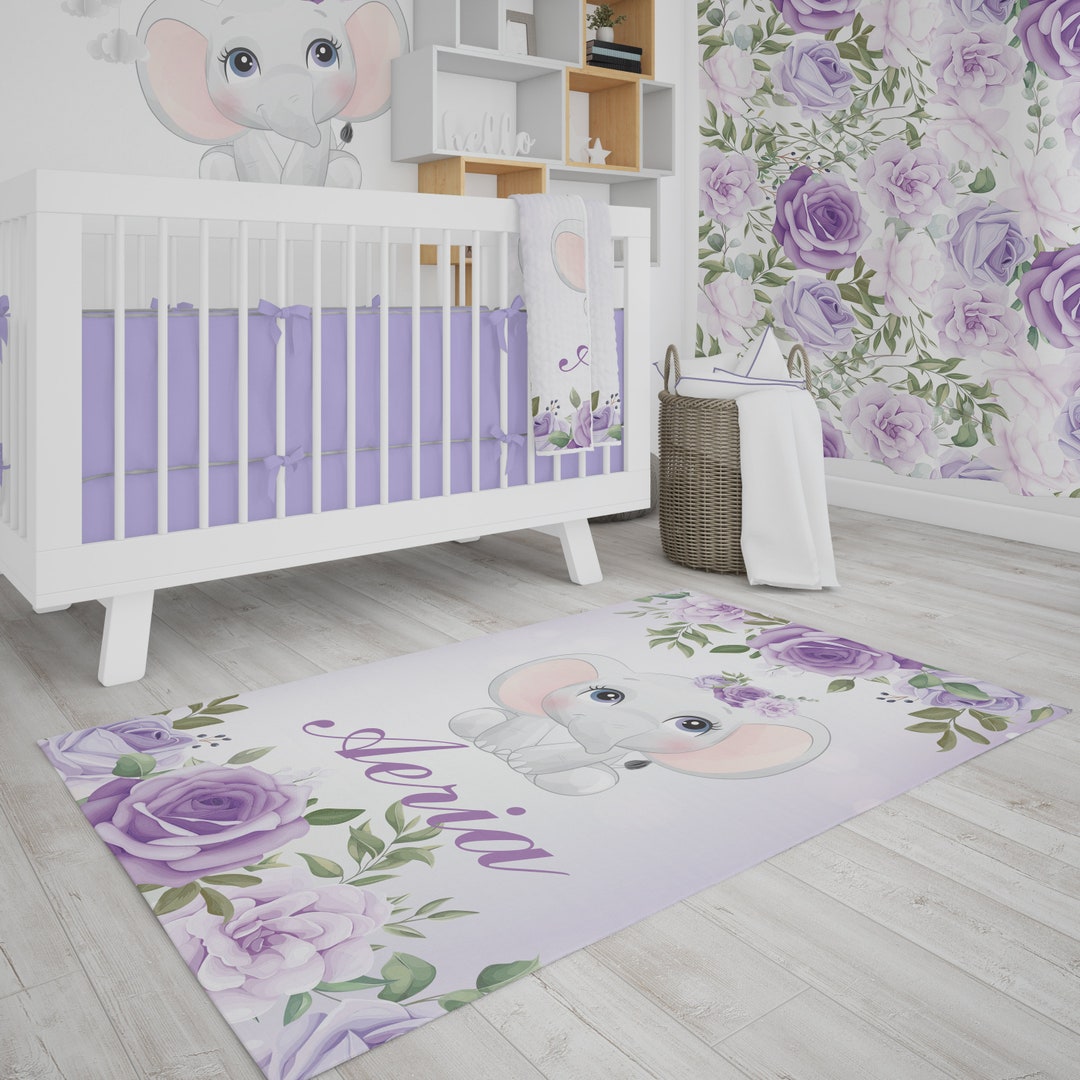 Elephant Nursery Room Rug, Baby Girl Nursery, Custom Rug, Crib Set Girl ...
