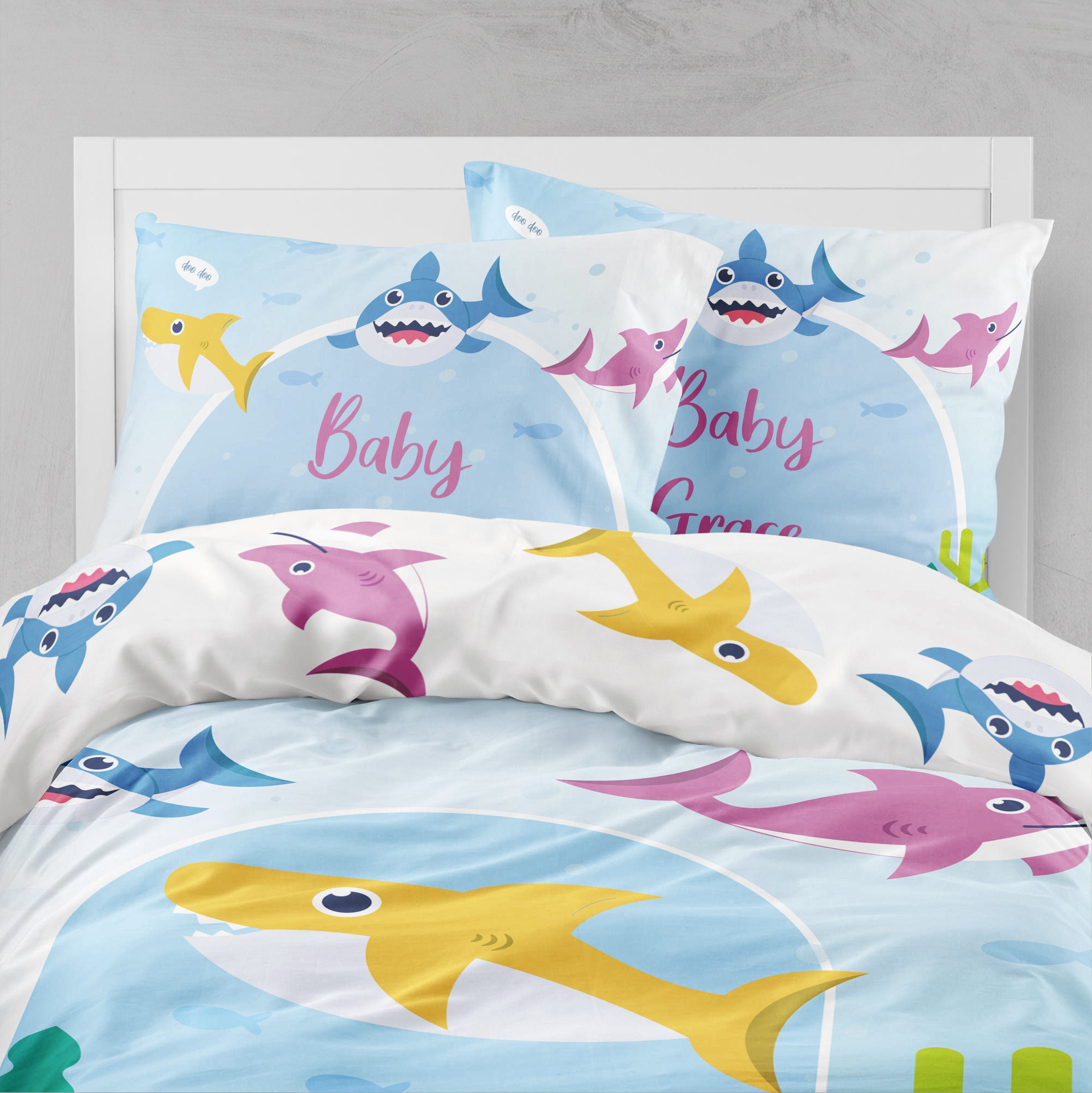 Baby Shark Bedding Set Personalized Bed Cover Baby Shark Duvet Cover Boys Room Boy Twin Bedding Kids Duvet Cover Toddler Bedding Etsy