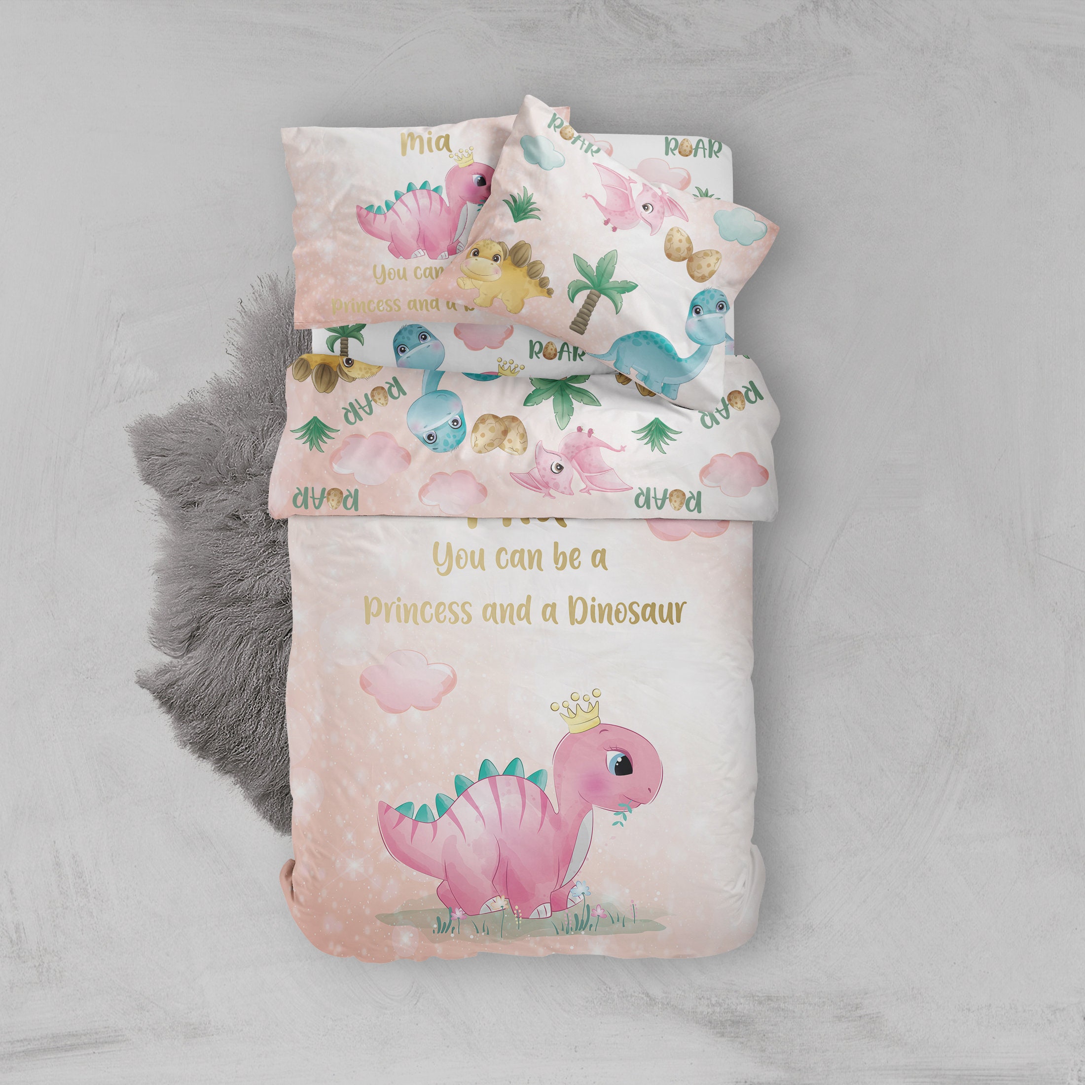 Dinosaur Girl Bedding Set Girl Twin Bedding Set Dino Girl | Etsy