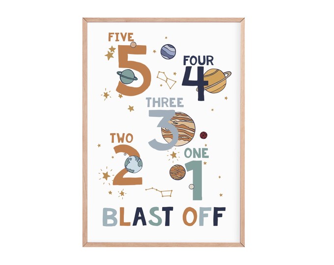 Space Themed Number Print 5,4,3,2,1 Blast off Space Poster Nursery ...