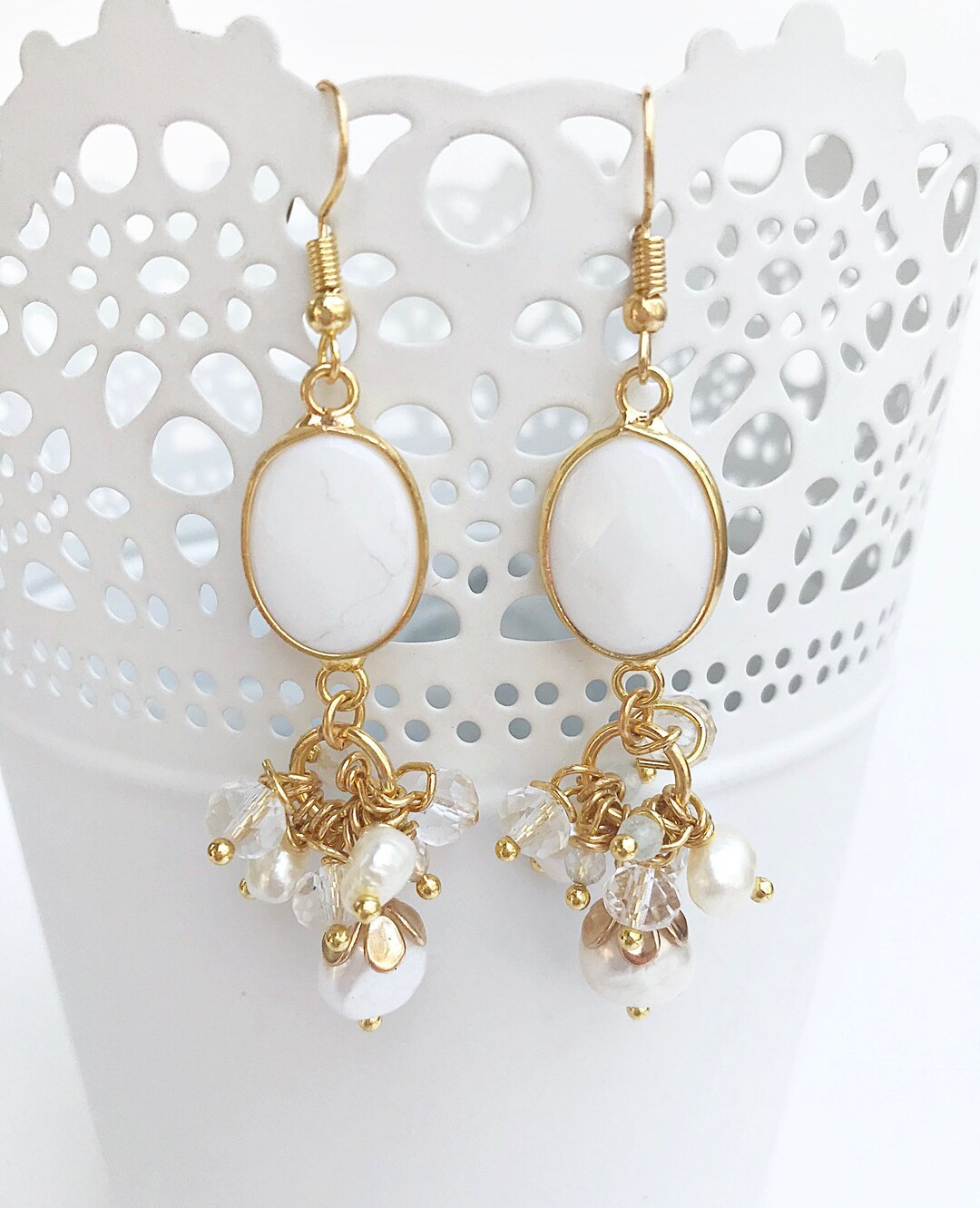 Gold Earrings Boho Style Hanging Real Semi-precious Stones Freshwater ...