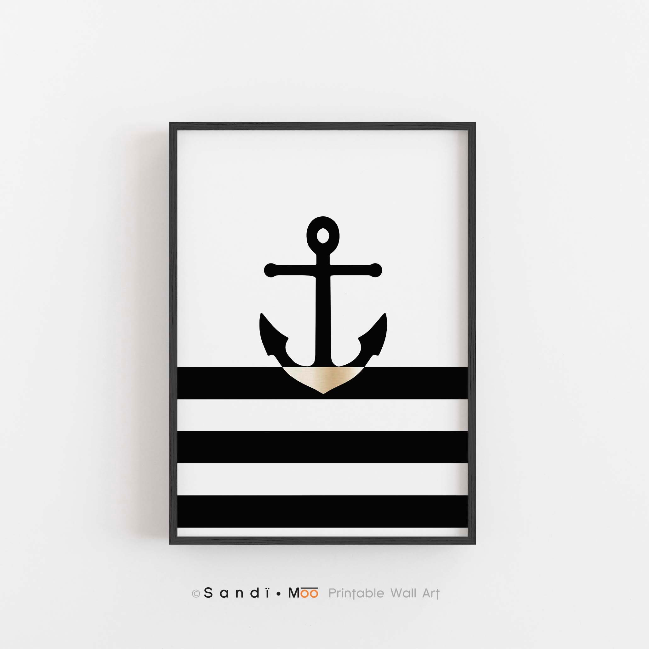 Black and White Anchor Print, Minimalist Striped Printable Wall Art ...