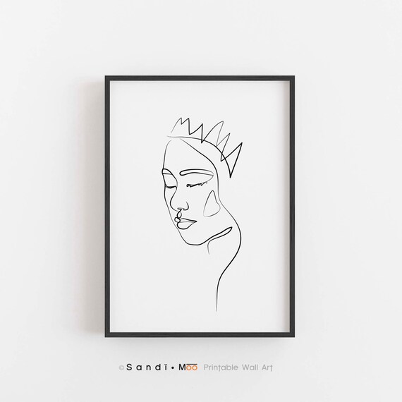 Girl With Crown Line Drawing Print Minimalist Woman Line Art | Etsy