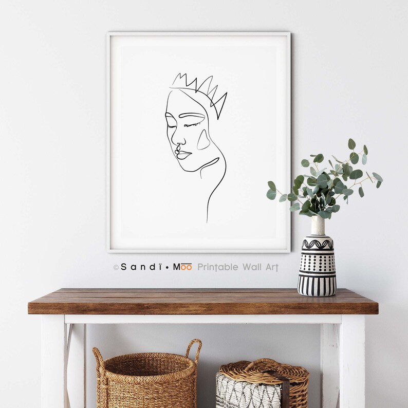 Girl With Crown Line Drawing Print Minimalist Woman Line Art | Etsy