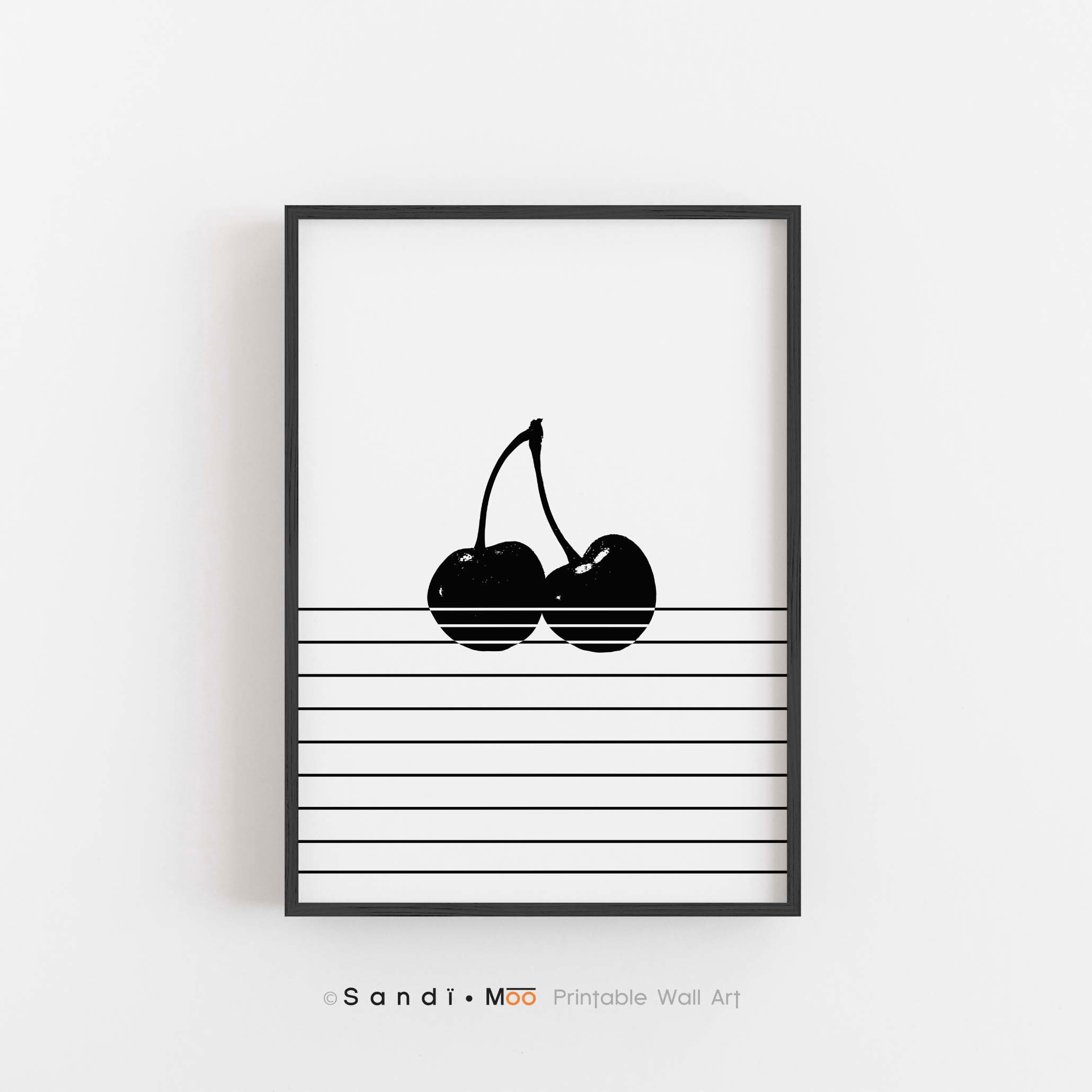 Cherry Print, Black & White Striped Cherry Printable, Fruit Poster ...