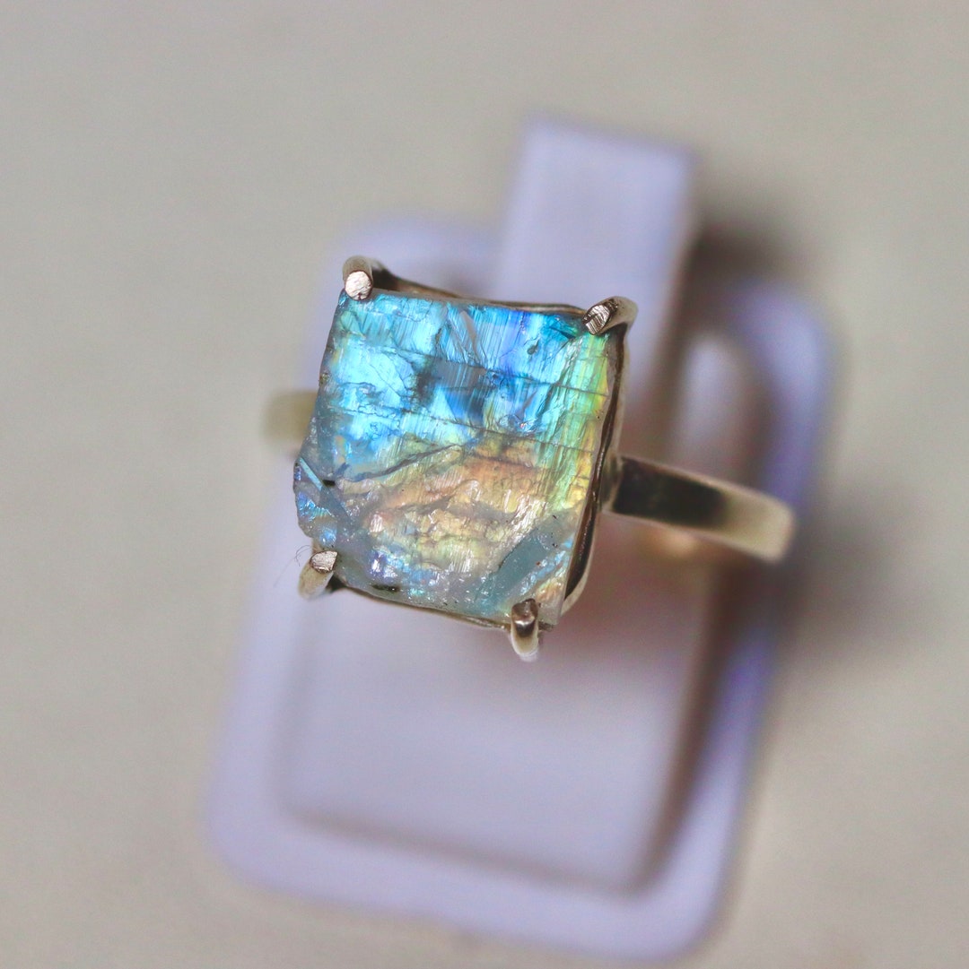 Genuine Raw Rainbow Moonstone Ring Natural Blue Flash Moonstone Pure ...