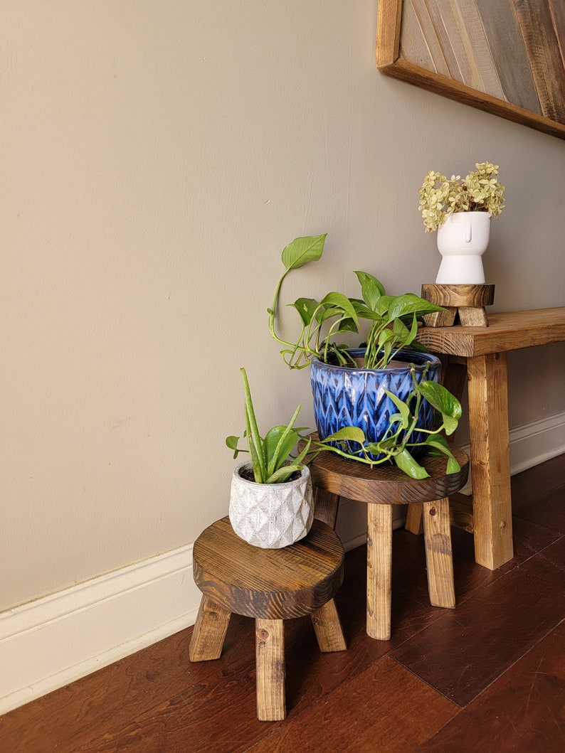 Set of 3 Solid Wood Plant Stools - Etsy