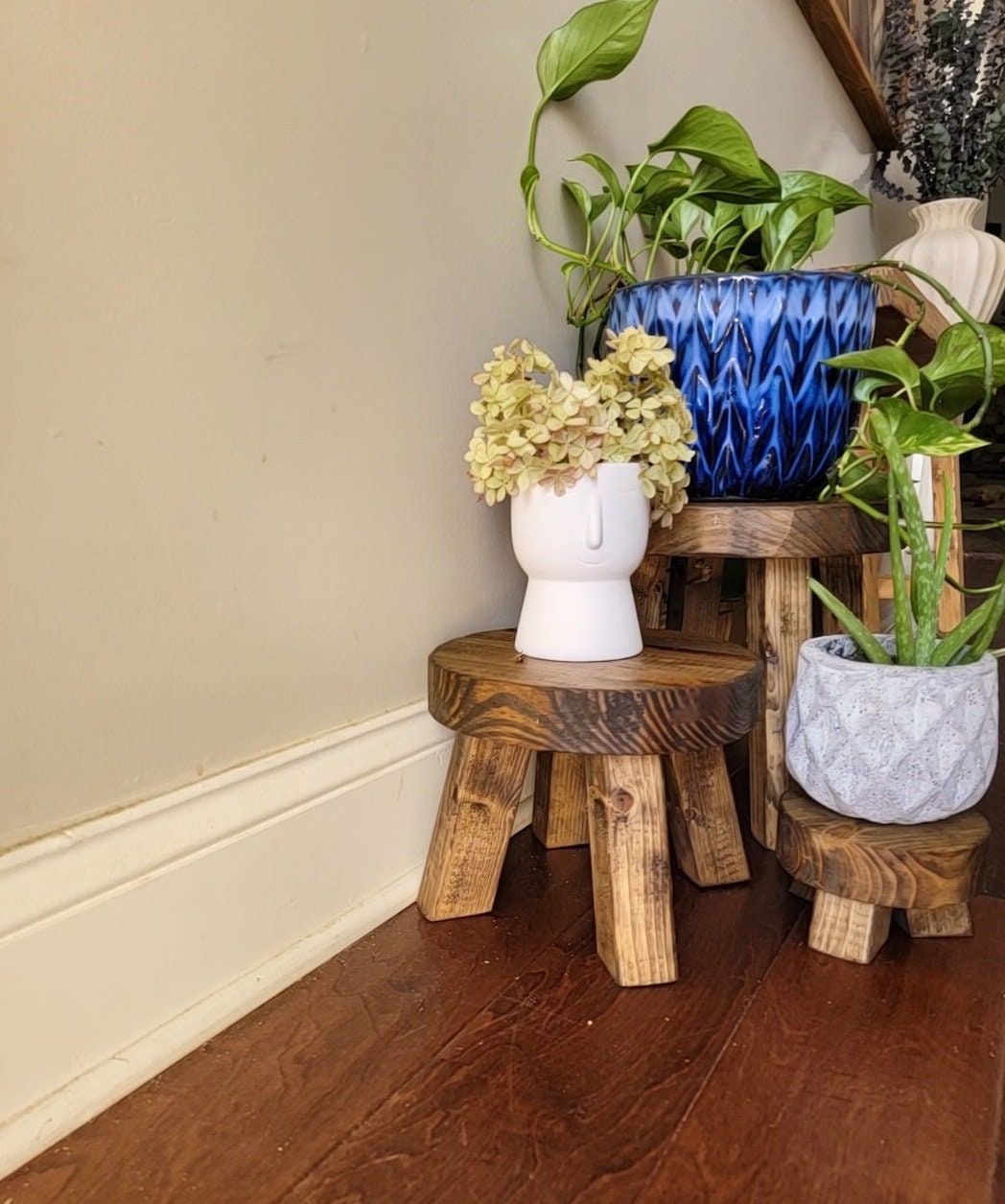 Set of 3 Solid Wood Plant Stools - Etsy