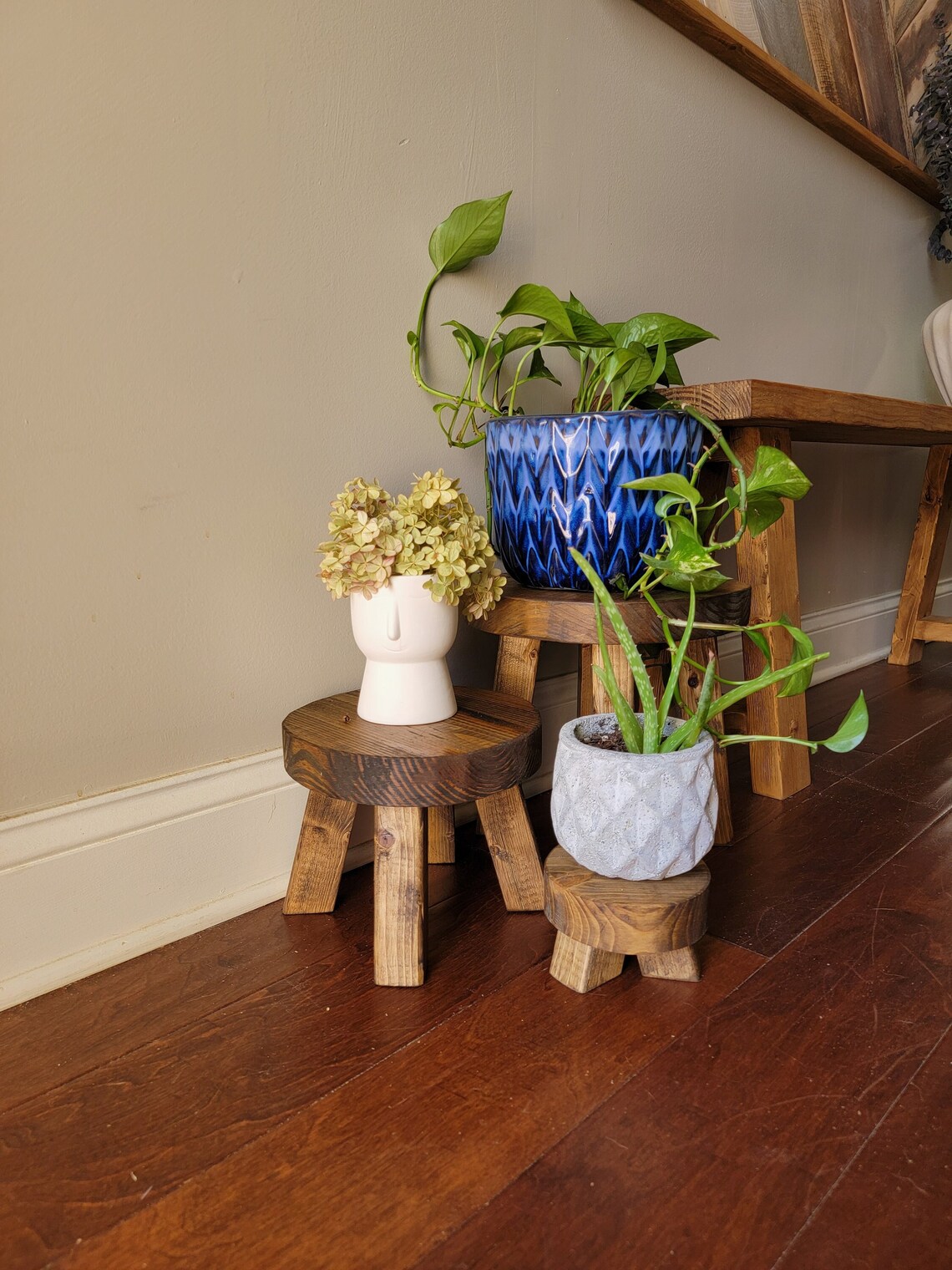 Set of 3 Solid Wood Plant Stools - Etsy