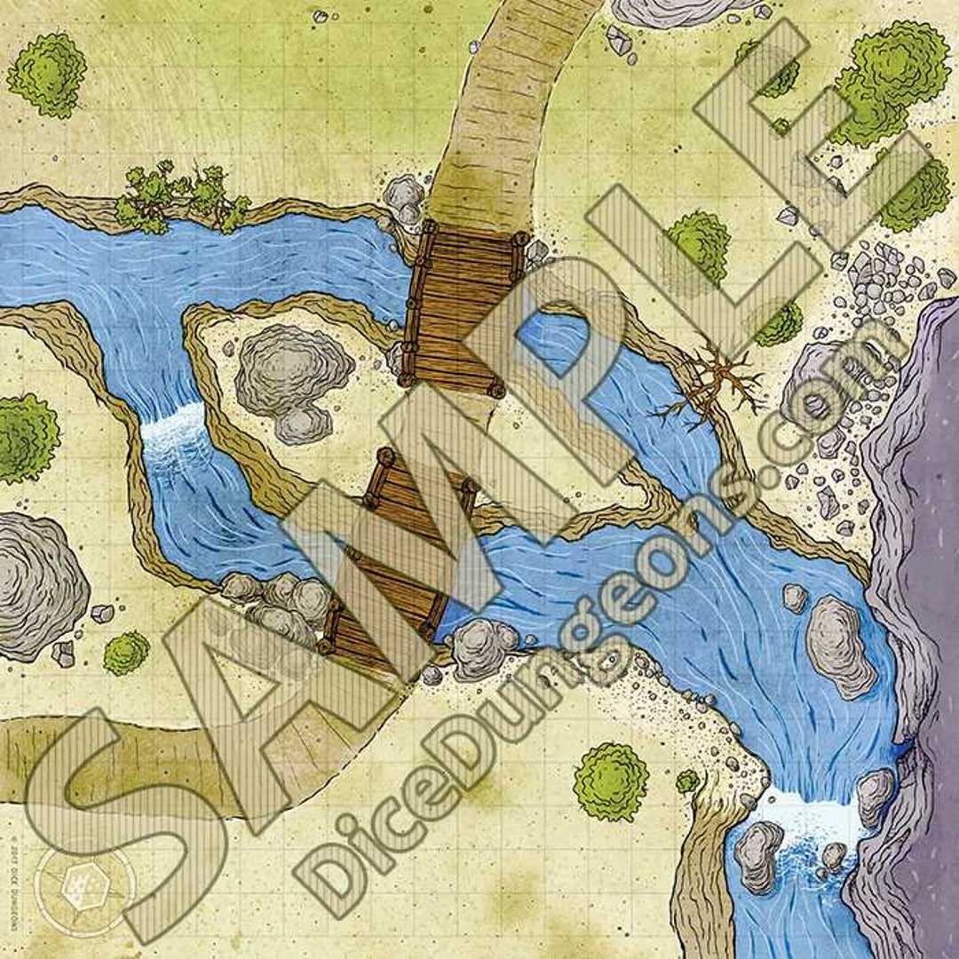 Twin Bridges Cloth Battle Map – 21.5″ × 21.5″ With 1″ Grid – Dnd River ...
