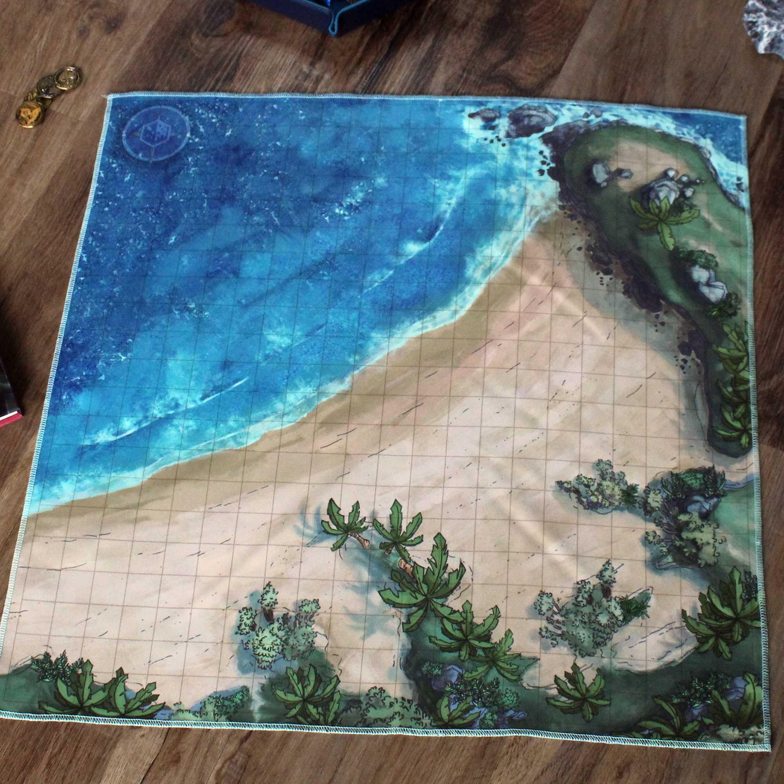 Sandy Beach Cloth Battle Map - 21.5″ × 21.5″ With 1″ Grid - Coastal RPG ...