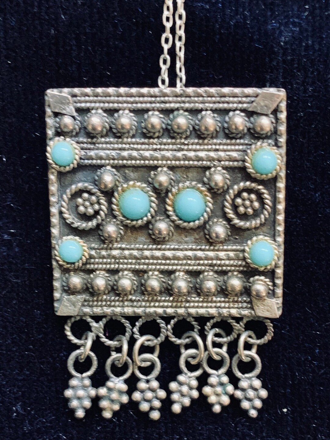 Vintage Indonesian Sterling Silver Turquoise Pendant Brooch, 16” Chain ...