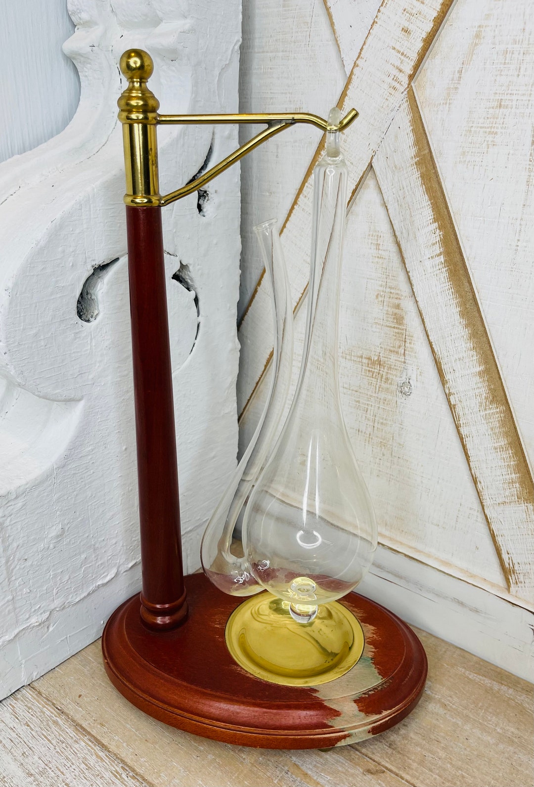 Vintage the Weather Glass, Vintage Weather Glass Stand, Vintage Wooden ...