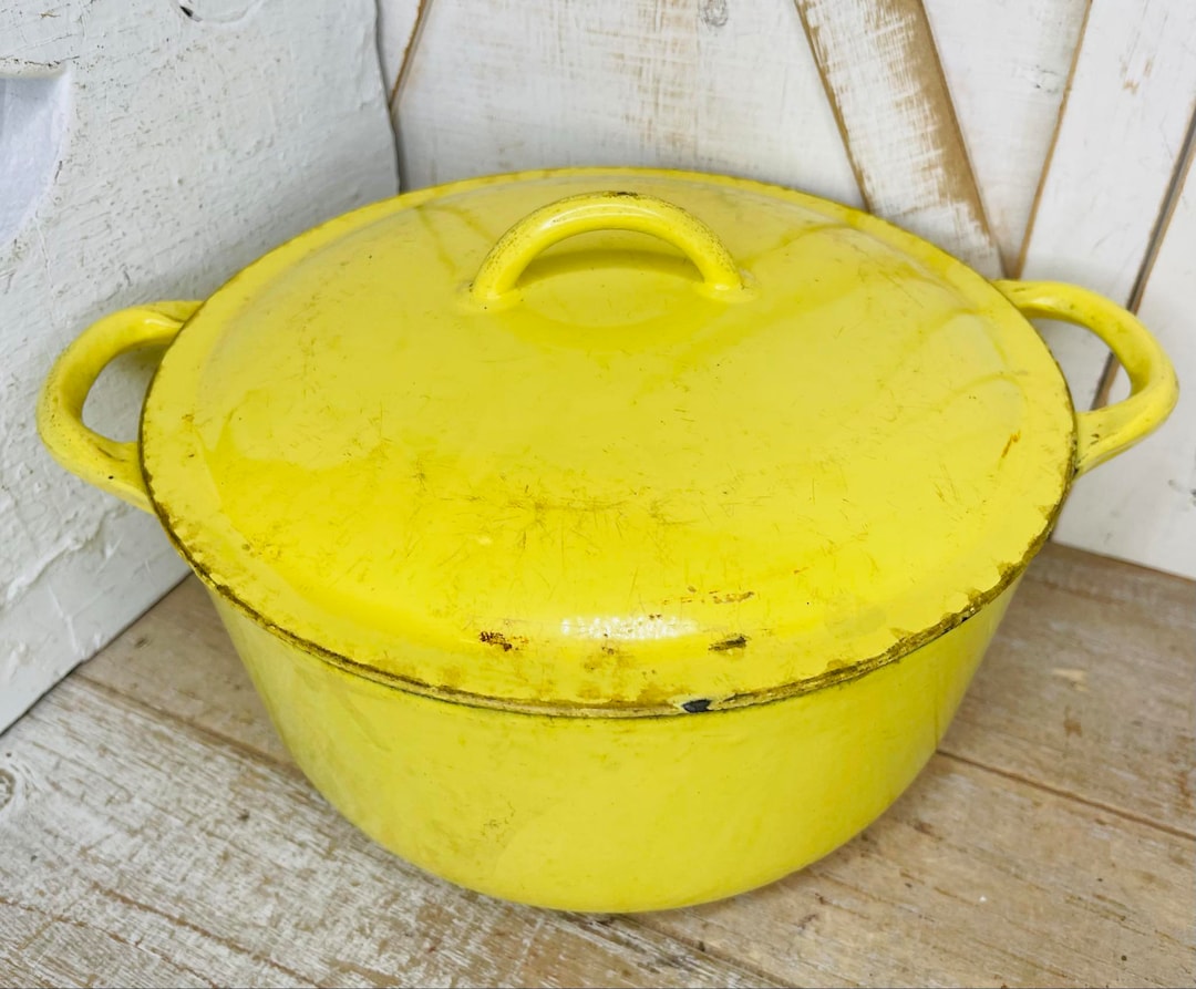 Vintage Descoware Yellow Cast Iron Pot, Vintage Yellow Kitchen ...
