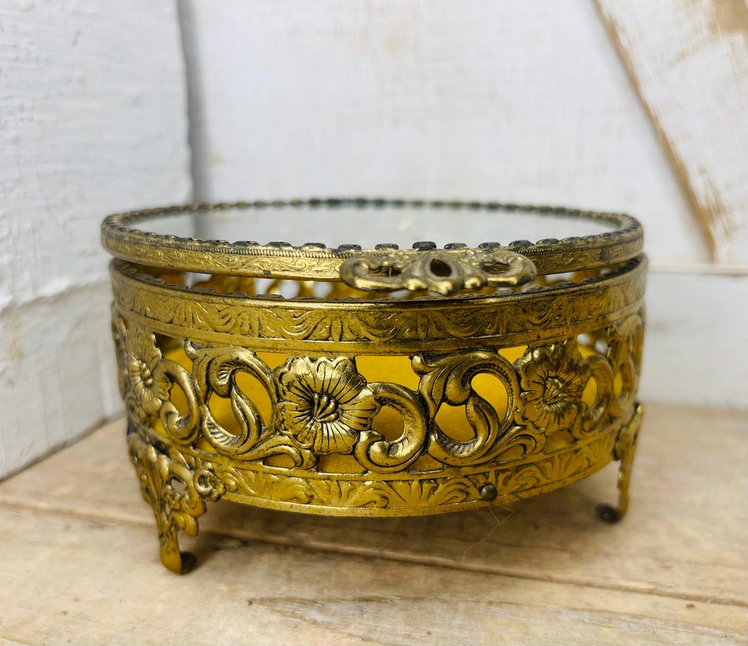 Vintage Gold Plated Small Circular Jewelry Box, Vintage Glass Jewelry ...