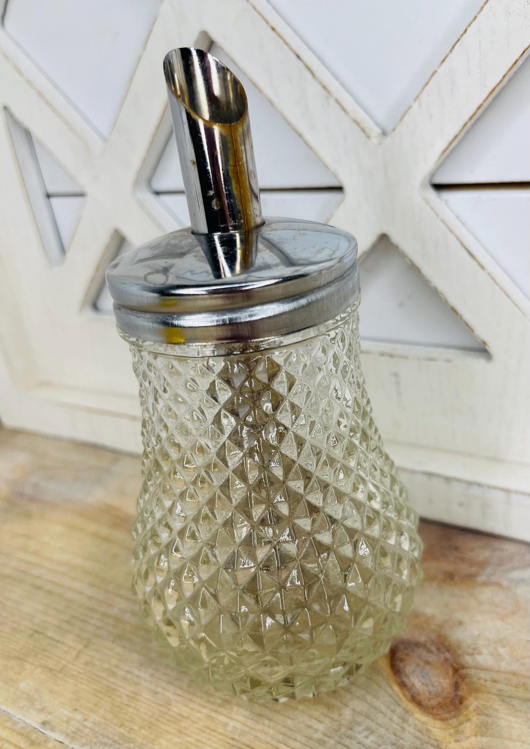Vintage Diamond Cut Hobnail Embossed Glass Syrup, Oil, Sugar Jar ...