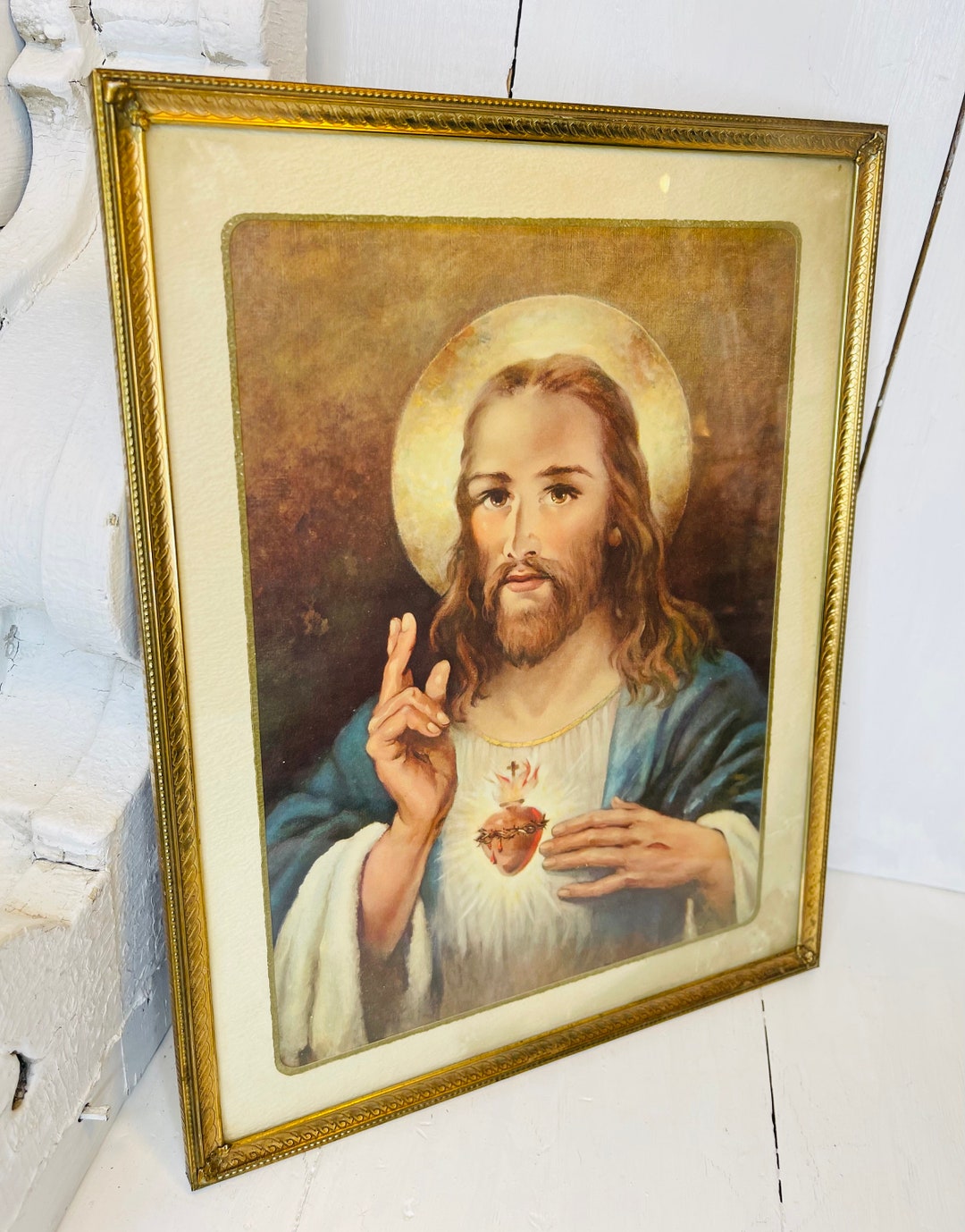 Vintage Jesus Portrait, Vintage Framed Jesus Portrait, Vintage Wooden ...