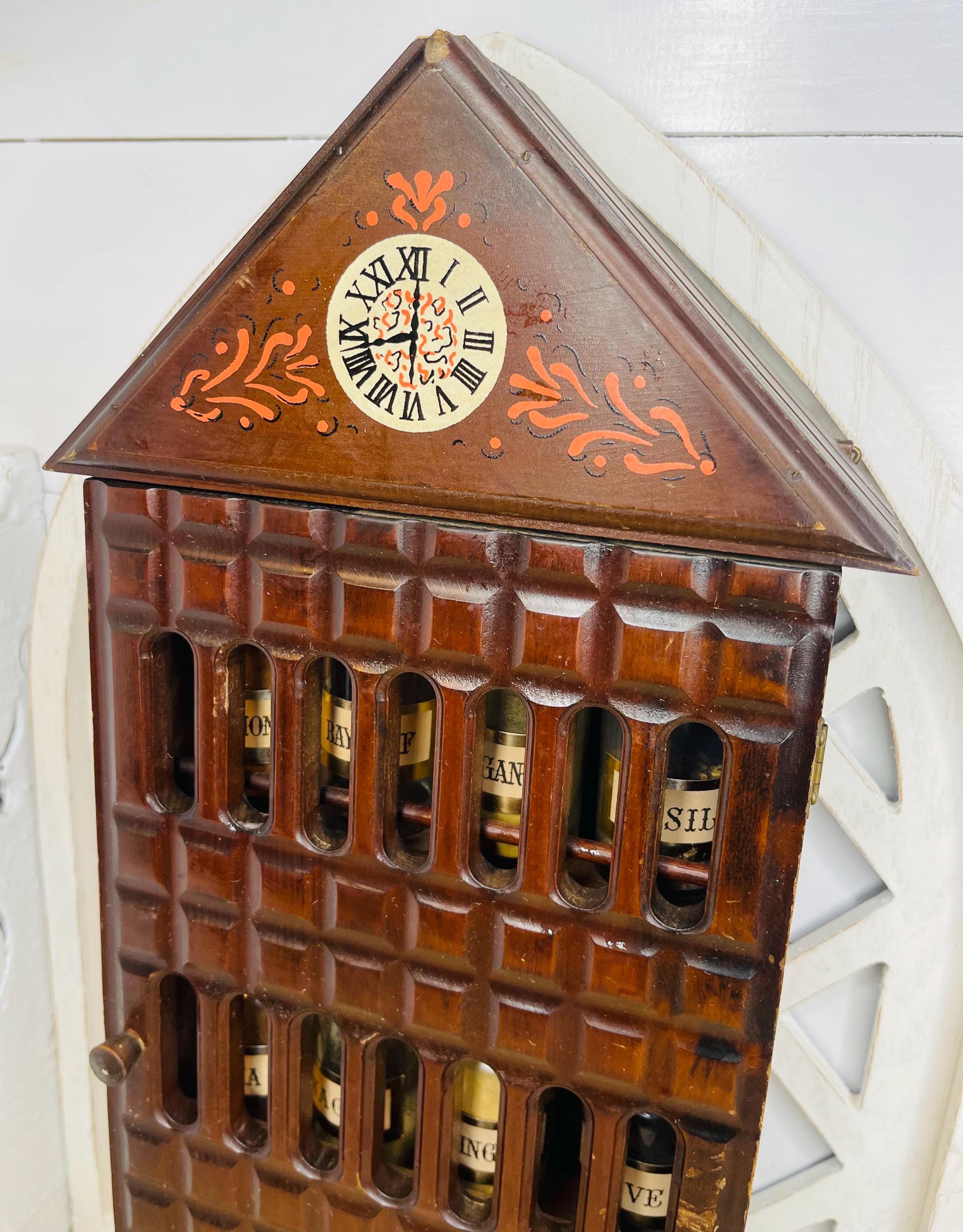 Vintage Wooden 1970s Clock Tower Style Glass Jar Spice Rack Cabinet ...