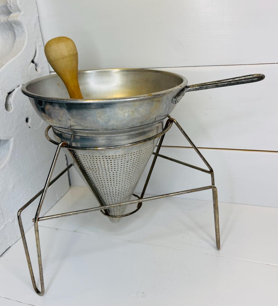 Vintage Metal Strainer With Metal Stand, Vintage Vegetable Pounder ...